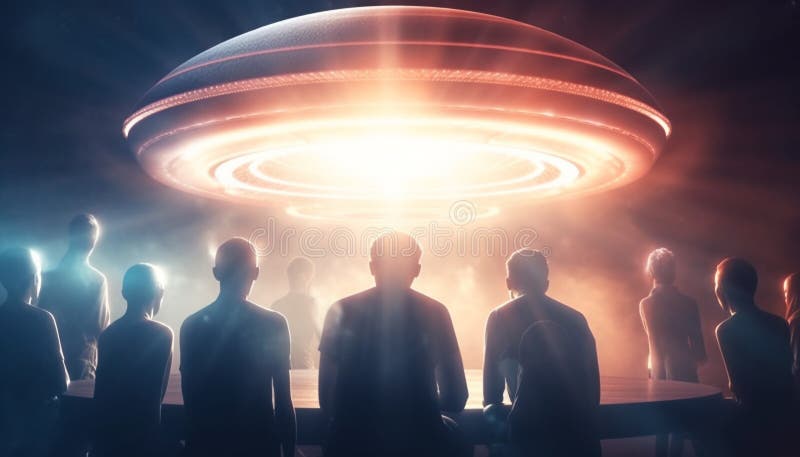 A Futuristic Business Team Standing on Stage, Illuminated by Technology ...