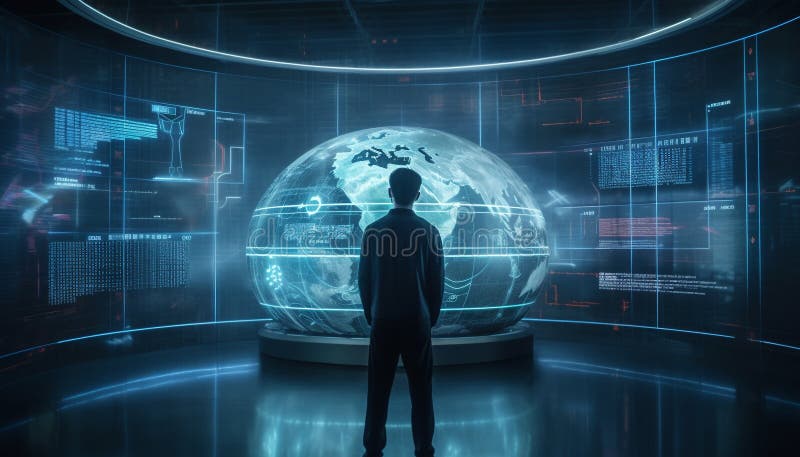 Futuristic Businessman in Blue Suit, Holding Global Data Map, Coding ...