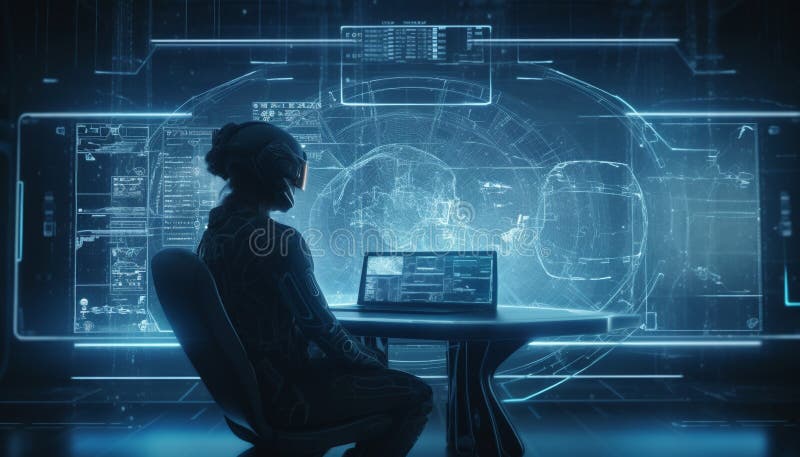 Futuristic Businessman Sitting, Working on Glowing Laptop Generated by ...