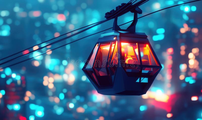 Futuristic Cable Car Gliding Over Vibrant Cityscape at Night with ...