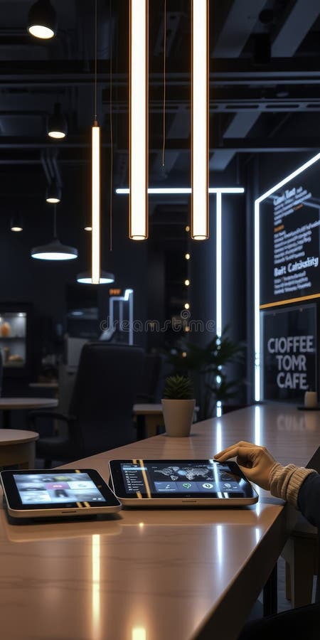 Futuristic Cafe with Digital Ordering Systems and Vibrant Neon Lights ...