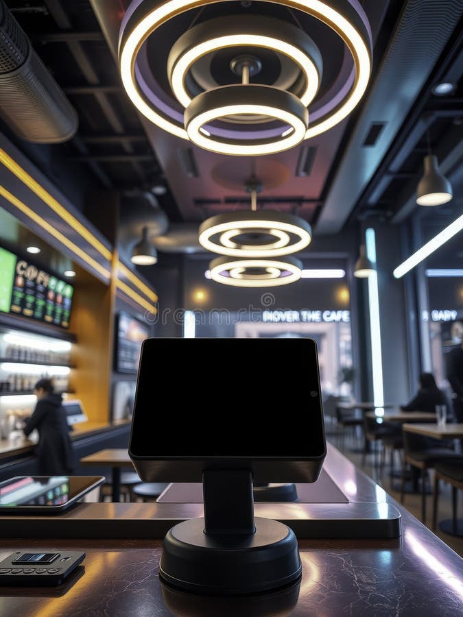 Futuristic Cafe with Digital Ordering Systems and Vibrant Neon Lights ...