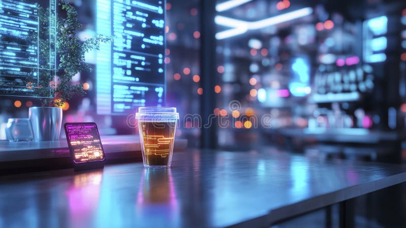 Futuristic Cafe with Glowing Screens and Coffee Mug Stock Illustration ...