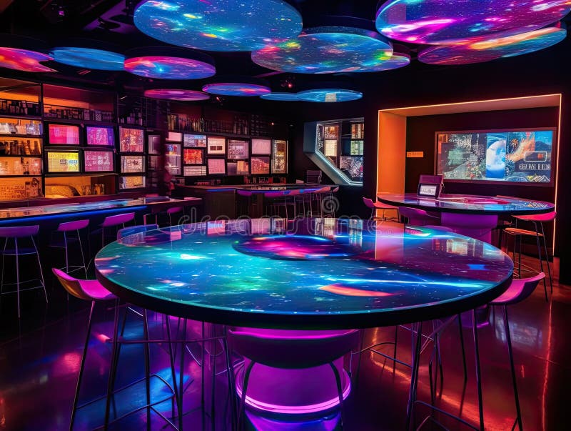 Futuristic Cafe with Pulsating Lights and Interactive Menu Stock ...