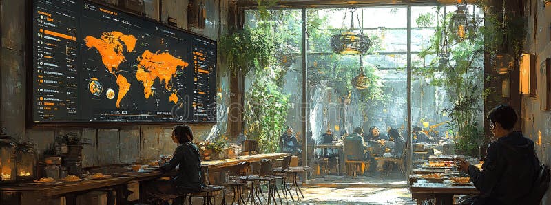 Futuristic Cafe with World Map Display, Patrons Dining, and Lush ...