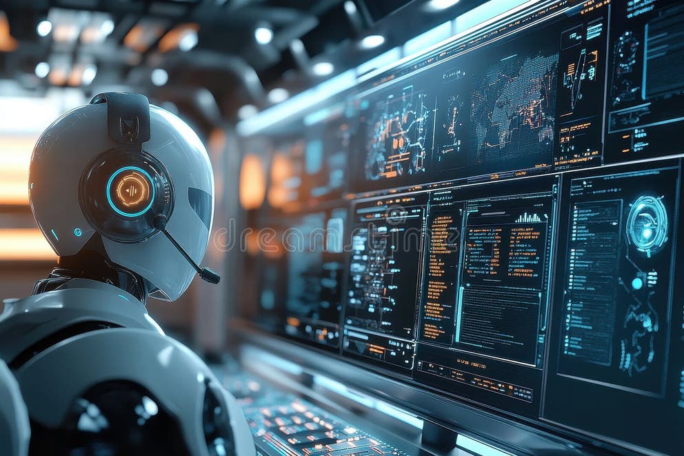 Futuristic Call Center with Neon Lighting and High-Tech Robot Interface ...