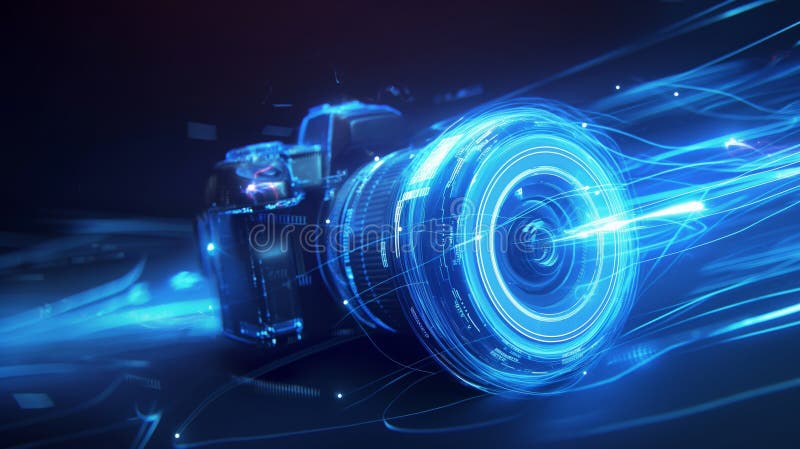 Futuristic Camera with Blue Light Trails Stock Photo - Image of ...