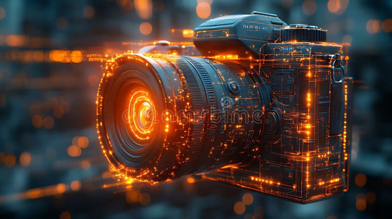 Futuristic Camera, Glowing Circuits, City Backdrop, Tech Ad Stock ...