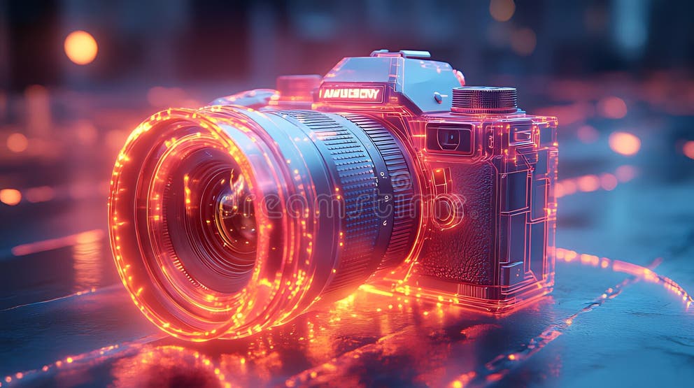 Futuristic Camera Glows, City Backdrop, Tech Ad Stock Illustration ...