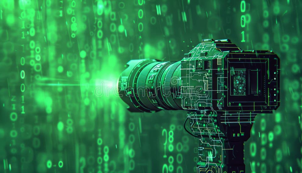 High Tech Digital Camera in a Futuristic Matrix Inspired Background ...