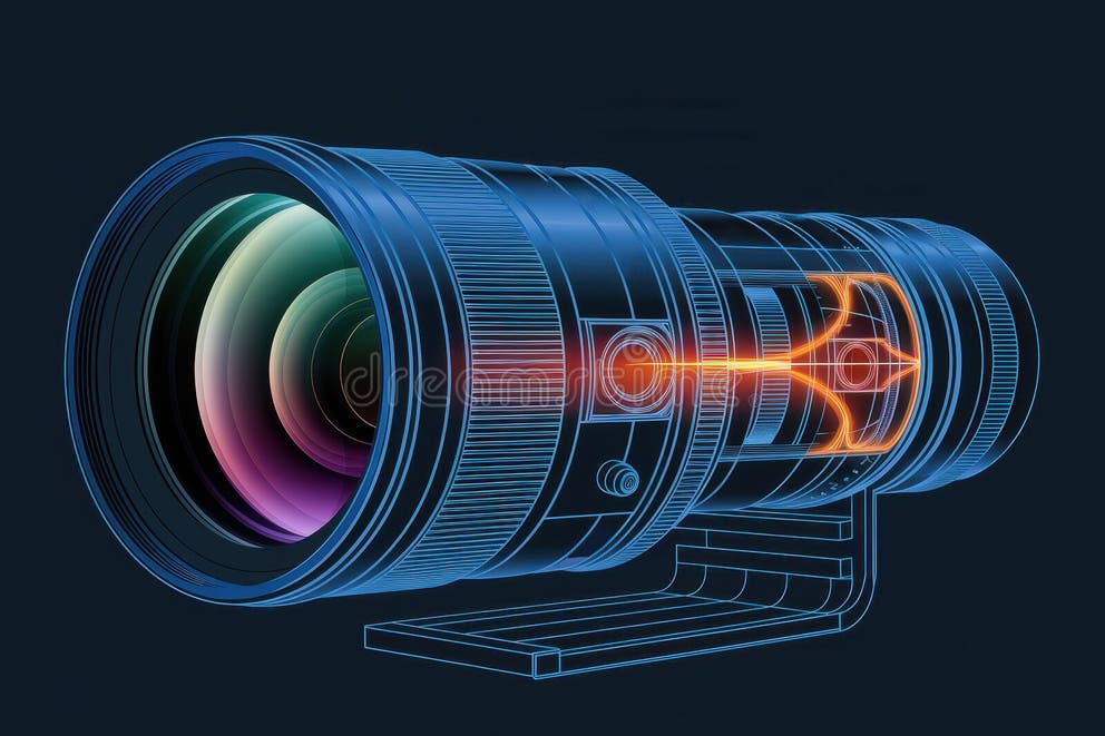 Futuristic Camera Lens Design with Colorful Digital and Wireframe ...