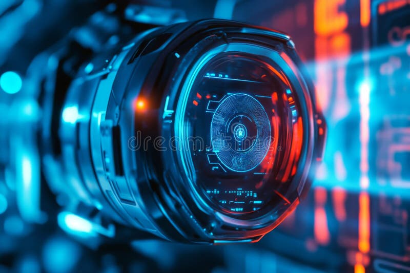 Futuristic Camera Lens with Digital Interface and Red and Blue Lighting ...