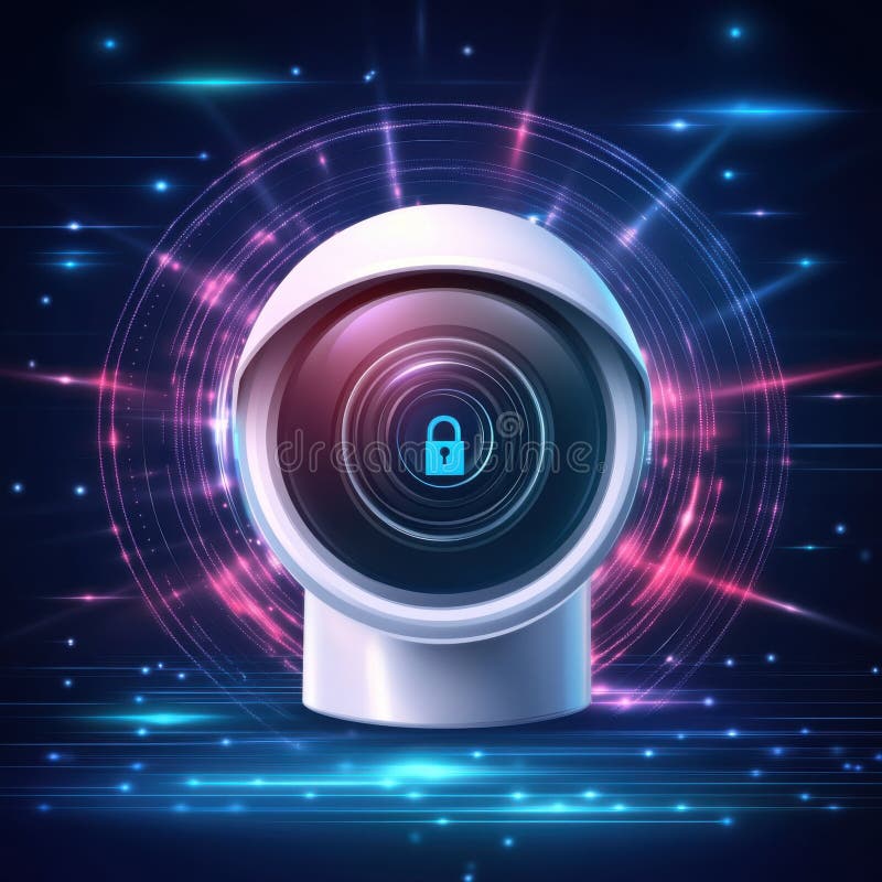Futuristic Camera Lens with a Digital Lock, Surrounded by Vibrant ...