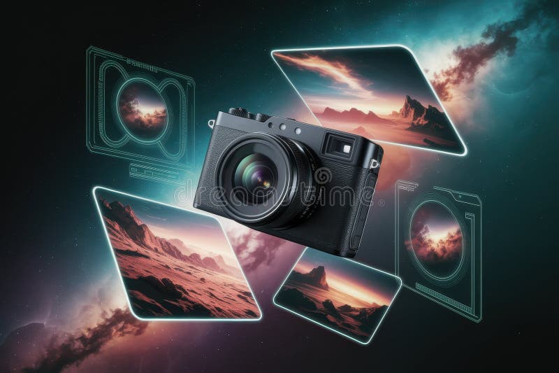Futuristic Camera Surrounded by Floating Digital Screens with Cosmic ...