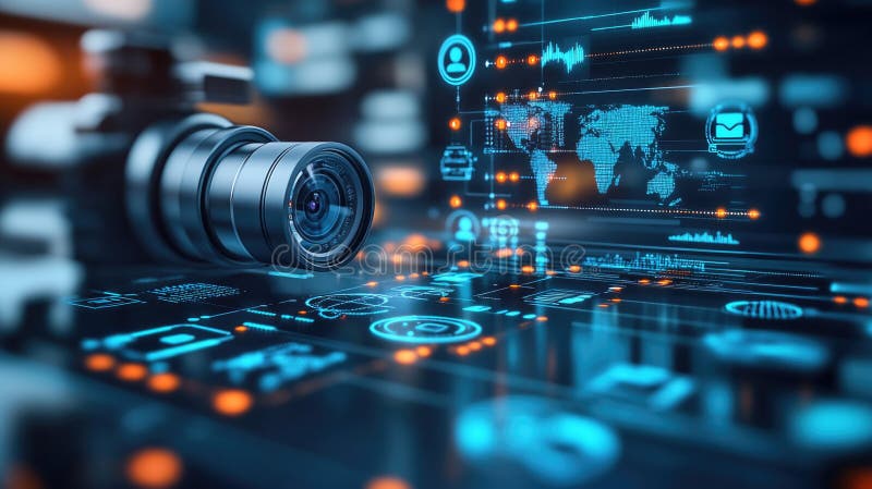 Futuristic Camera Technology Interface with Digital World Map Overlay ...