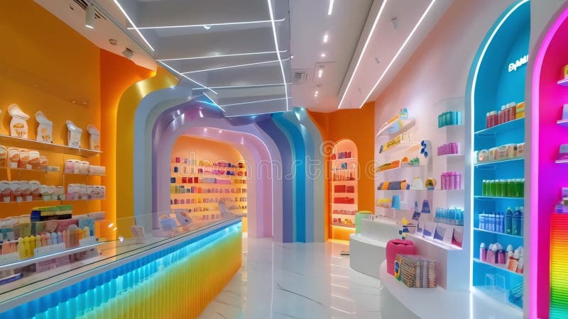 Futuristic Candy Store Interior Featuring Curved Rainbow Arches, LED ...