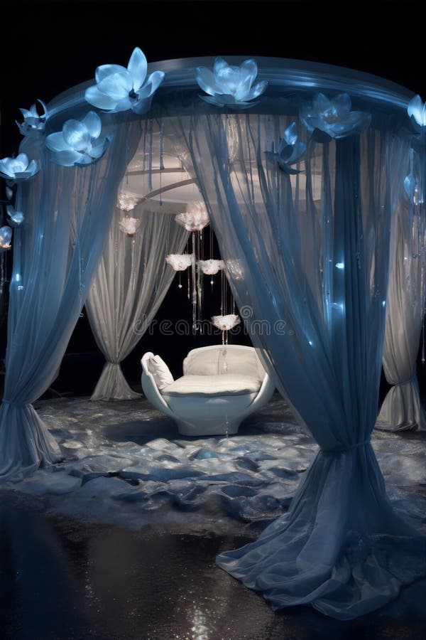 Futuristic Canopy Bed with White Translucent Curtains and Blue Lighting ...