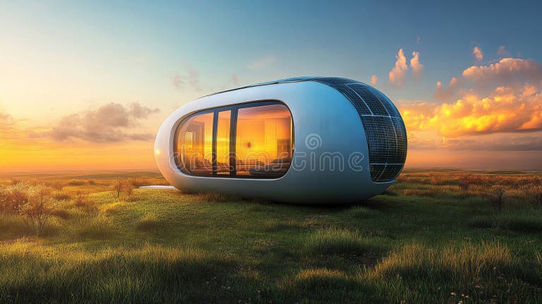 Futuristic Capsule Home in Sunset Landscape Stock Illustration ...