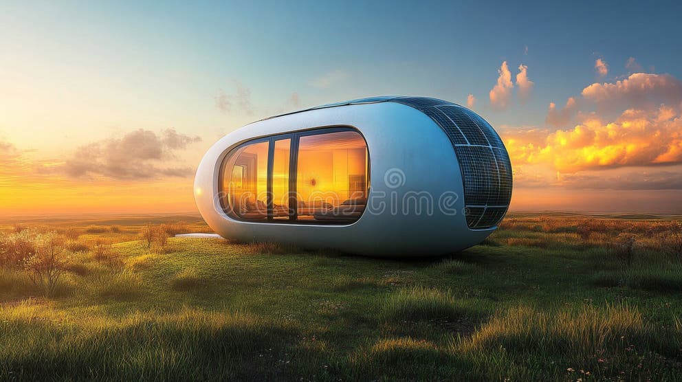 Futuristic Capsule Home in Sunset Landscape Stock Illustration ...