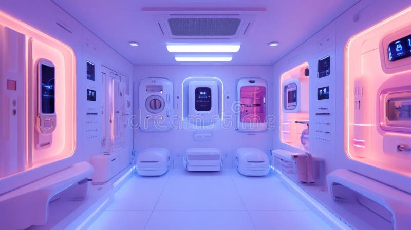 Futuristic Capsule Hotel Interior with Modern Design and Purple Neon ...