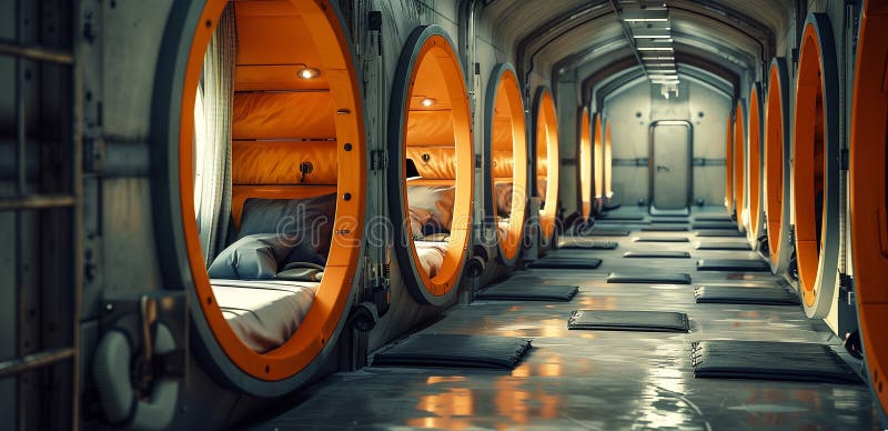 Futuristic Capsule Hotel Interior with Orange Pod Beds in a Sleek ...