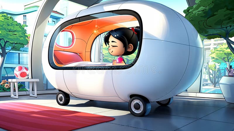 Futuristic Capsule Pod with Relaxed Child in Modern Urban Setting Stock ...