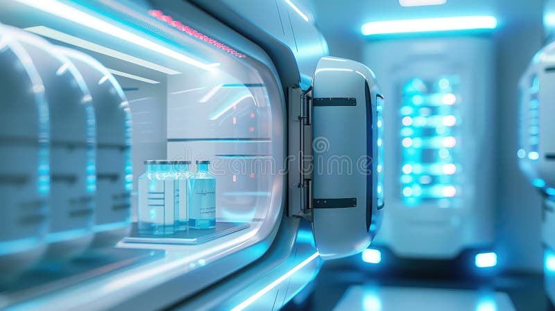 Futuristic Laboratory Capsules in Illuminated Blue Science Setting ...