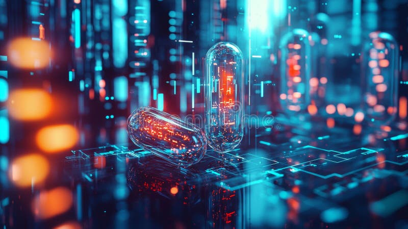 Futuristic Capsules with Glowing Digital Elements Stock Image - Image ...