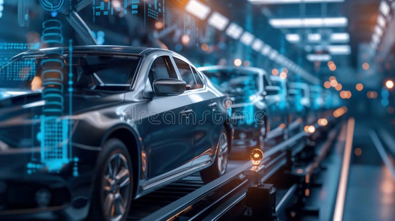 Futuristic Car Assembly Line with Digital Overlay Stock Illustration ...