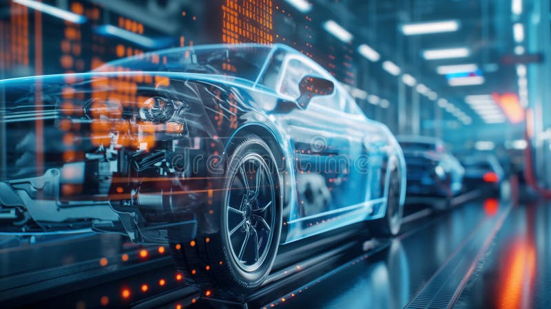 Futuristic Car Assembly Line with Digital Overlay Stock Illustration ...