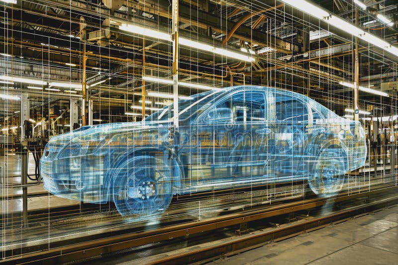 Futuristic Car Assembly Line with Holographic Projections and Robotics ...