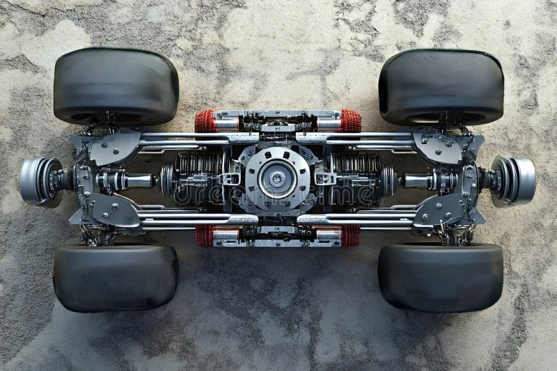 Futuristic Car Chassis Exposing Engine and Suspension on Concrete Floor ...