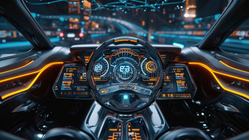 Futuristic Car Cockpit. Autonomous Car. Driverless Vehicle. HUD(Head Up ...