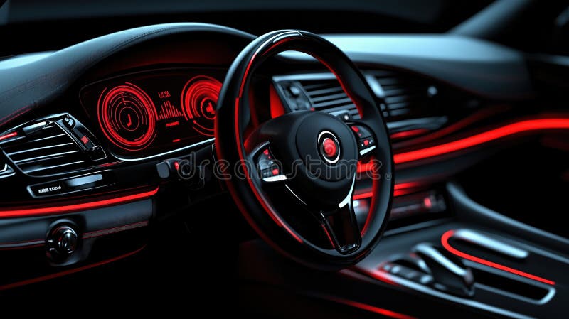 Car Interior Close-up with Red Ambient Lighting and Futuristic ...
