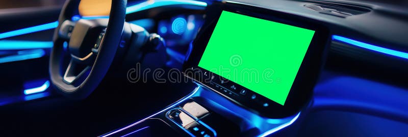 Futuristic Car Dashboard with Ambient Blue Lighting and Green Screen ...