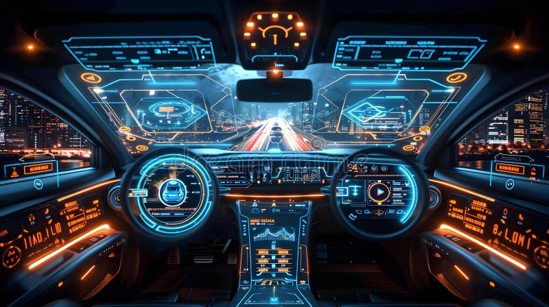 Futuristic Car Dashboard with Autonomous Tech & City Lights. Concept ...