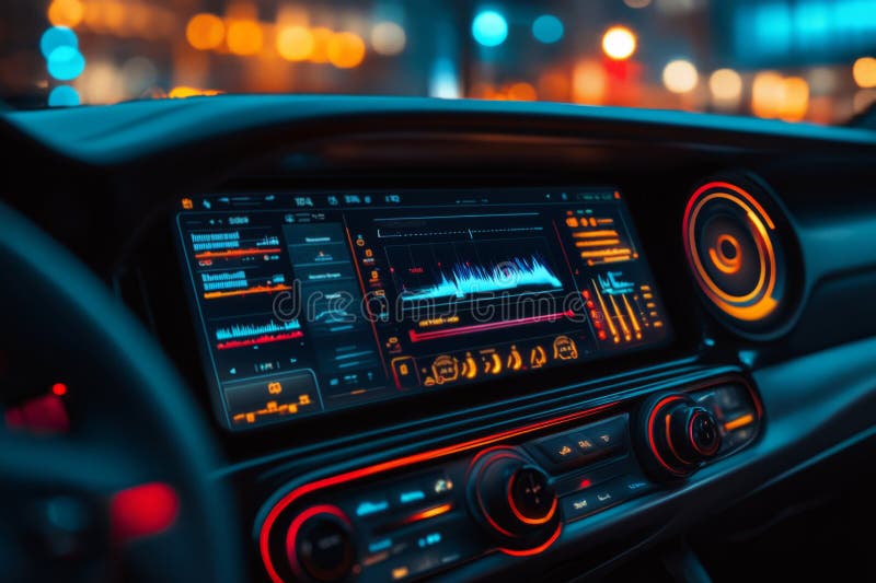 Futuristic Car Dashboard Glowing in the Dark with Various Controls and ...