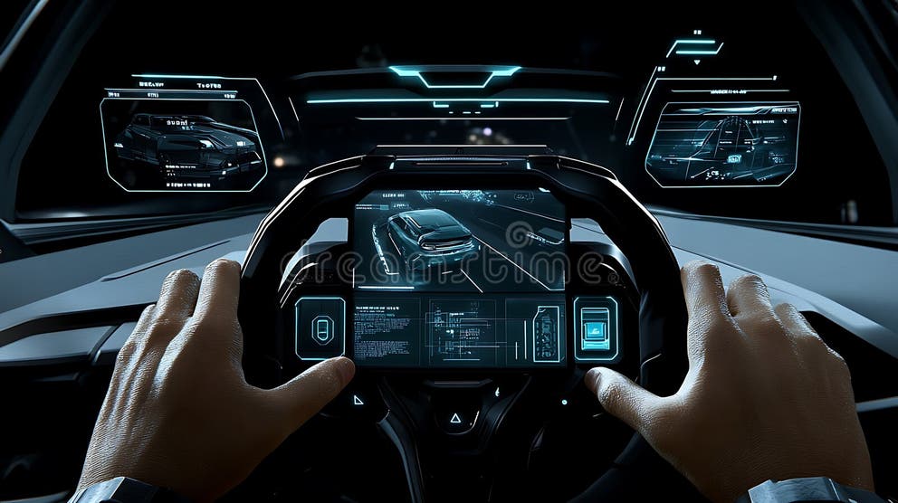 Futuristic Car Dashboard and Hands Operating a Complex Control Panel ...