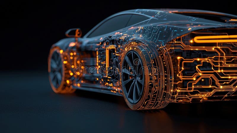 Futuristic Car Design Featuring Glowing Circuit Patterns Against a Dark ...