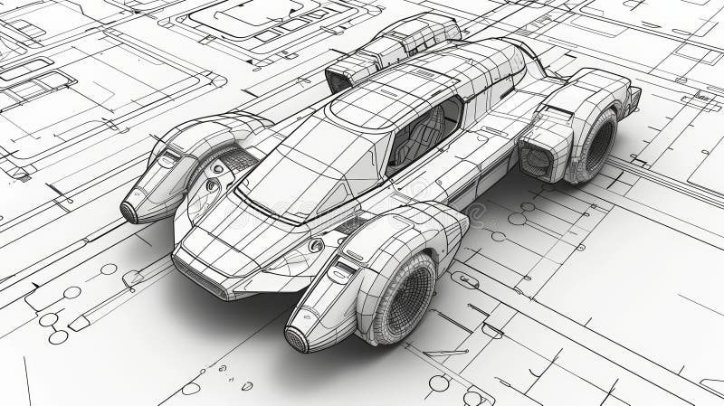 A Futuristic Car Design Rendered in a Blueprint Style, Highlighting the ...