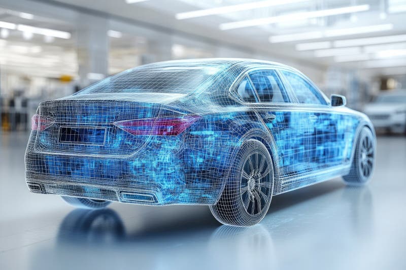 Blue Wireframe Model of a Modern Sedan Car in a Showroom Stock ...