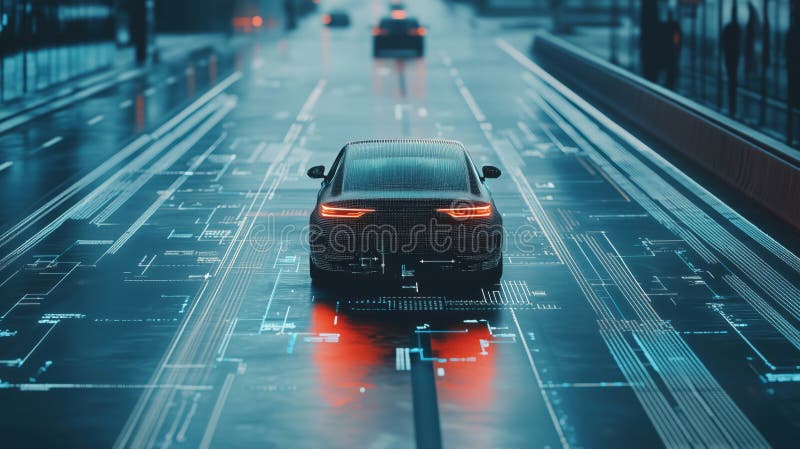 Futuristic Car on Digital Road with Glowing Circuits Stock Image ...