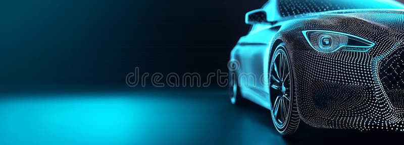 Futuristic Car with Digital Tech Overlay Featuring Neon Glow and Dotted ...