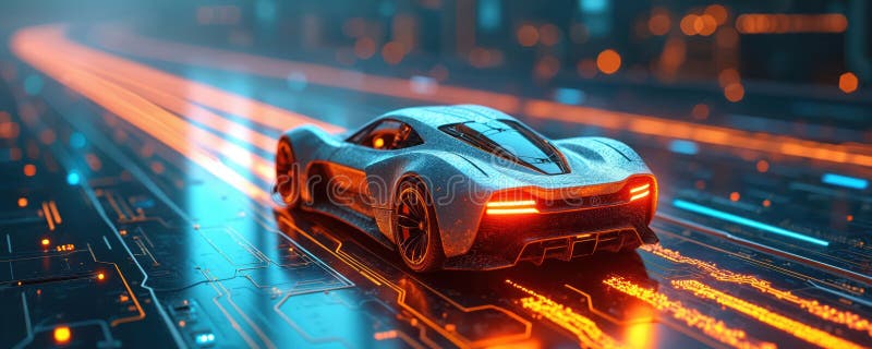Futuristic Car Drives Circuit Board Road. Digital Autonomous Vehicle ...