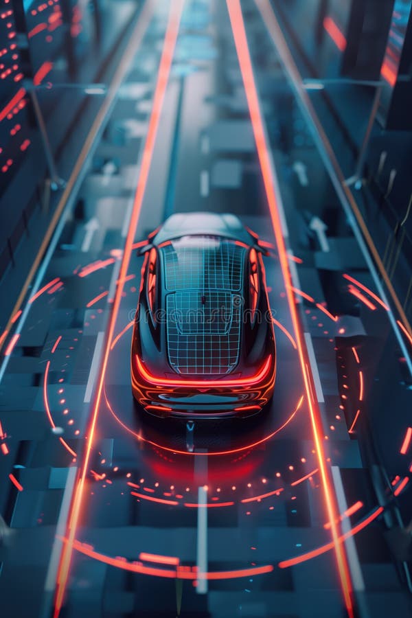 Futuristic Car Driving Autonomously on a High-tech Road with Glowing ...