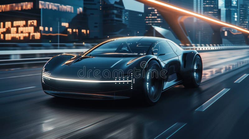 A Futuristic Car is Driving Down a Road at Night Stock Image - Image of ...