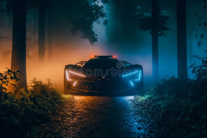 Futuristic Car Driving through Forest at Night. Generative AI Stock ...