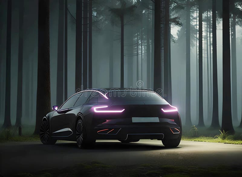 Futuristic Car Driving through Forest at Night. Generative AI Stock ...