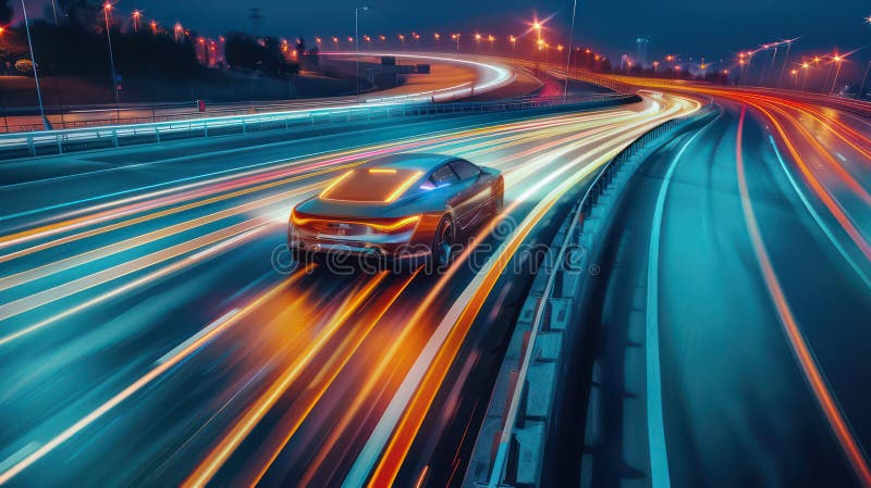 Futuristic Car Driving on a Highway with Light Lines Created with ...