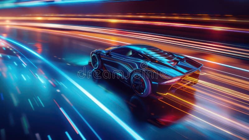 Futuristic Car Driving on a Highway with Light Lines Created with ...